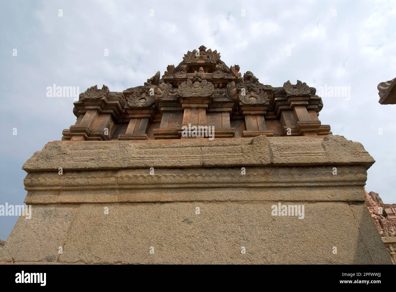 Stucco work on pinnacle on a small temple at Hampi state Karnataka ...