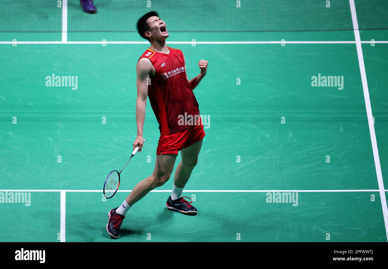 Birmingham, UK. 18th Mar, 2023. China's Li Shifeng celebrates victory ...
