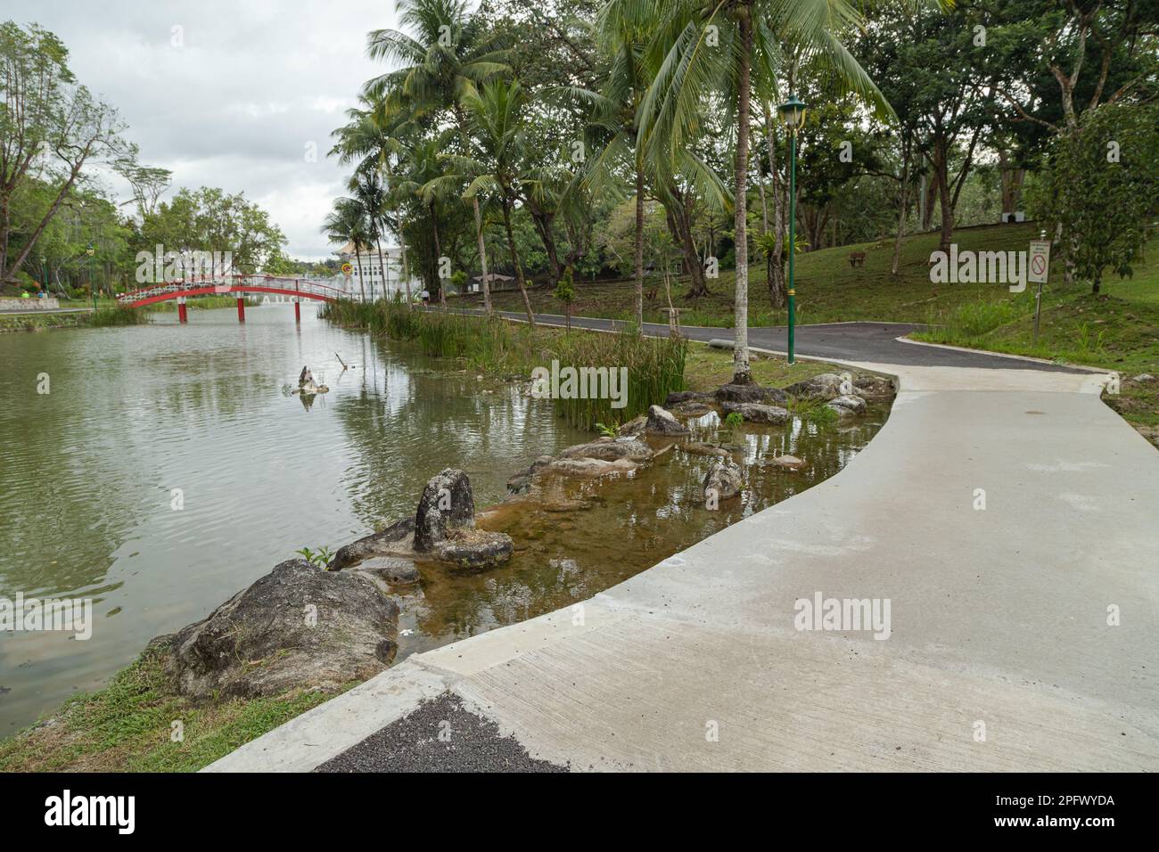 City park in Kuching, Malaysia, tropical garden with large trees and ...