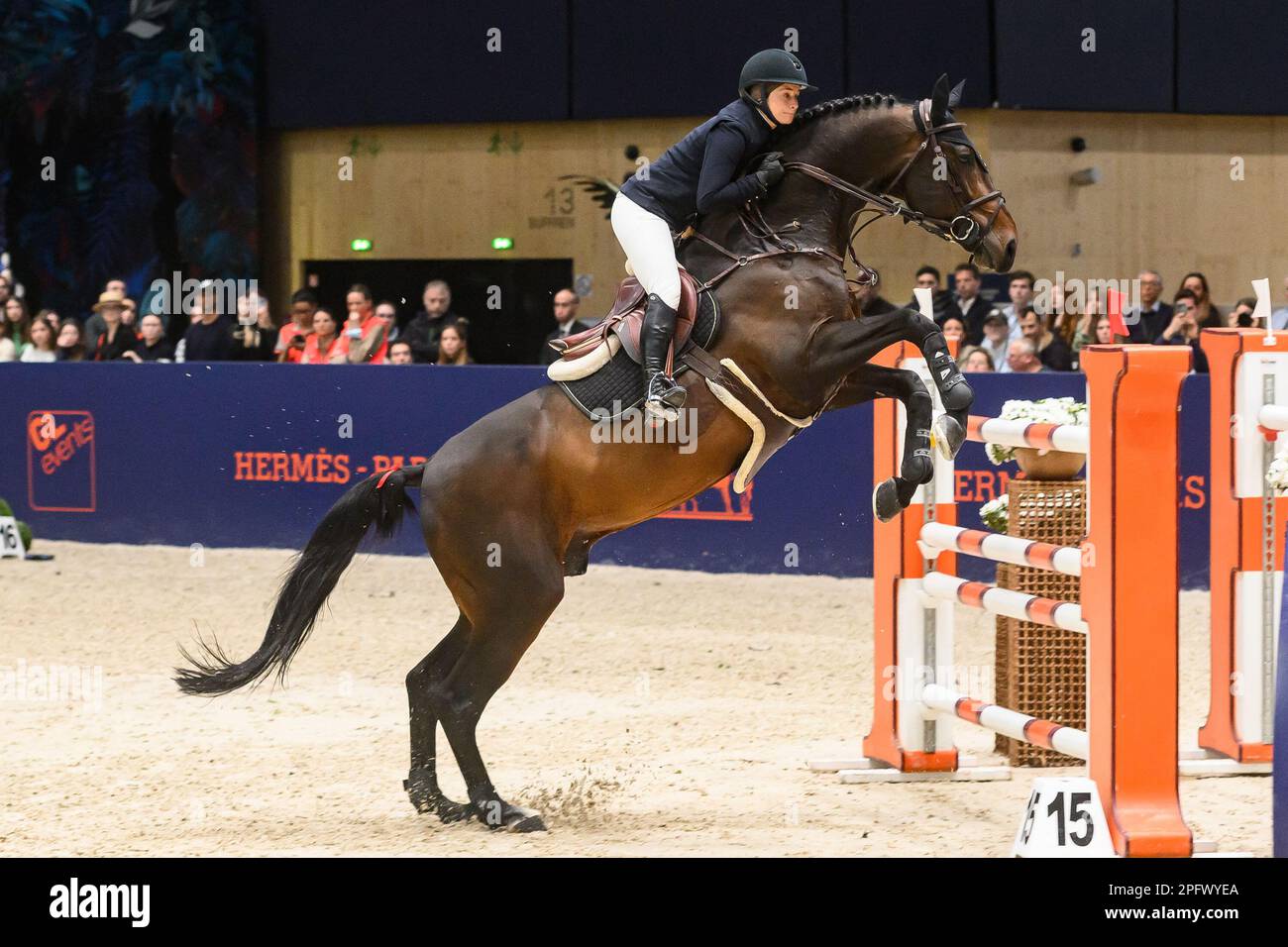 Jeanne Sadran is competing in the Saut Hermes Jumping CSI 5 at the Grand Palais Ephemere on ...
