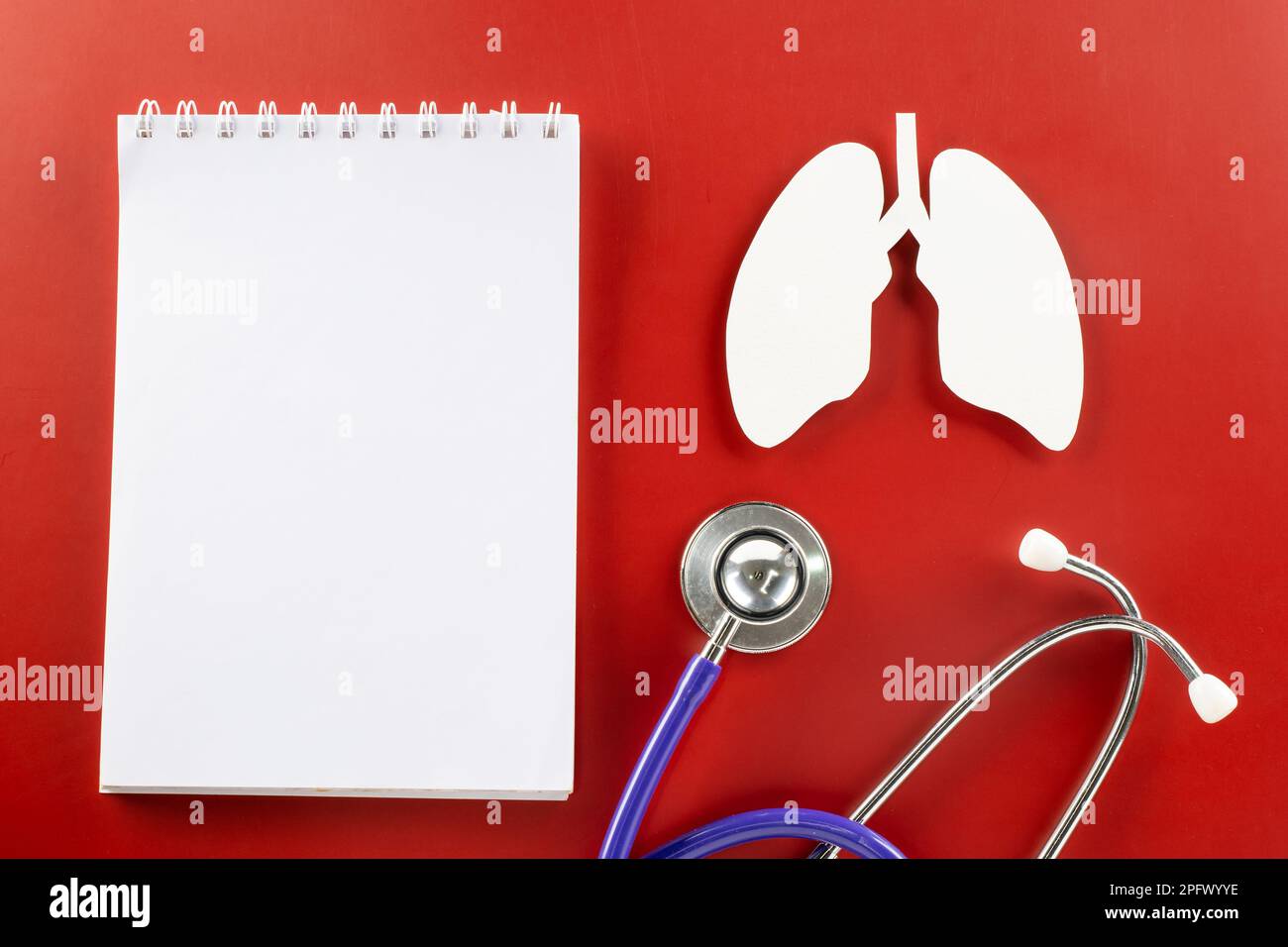 Top view lungs paper symbol, medical stethoscope and notebook paper ...