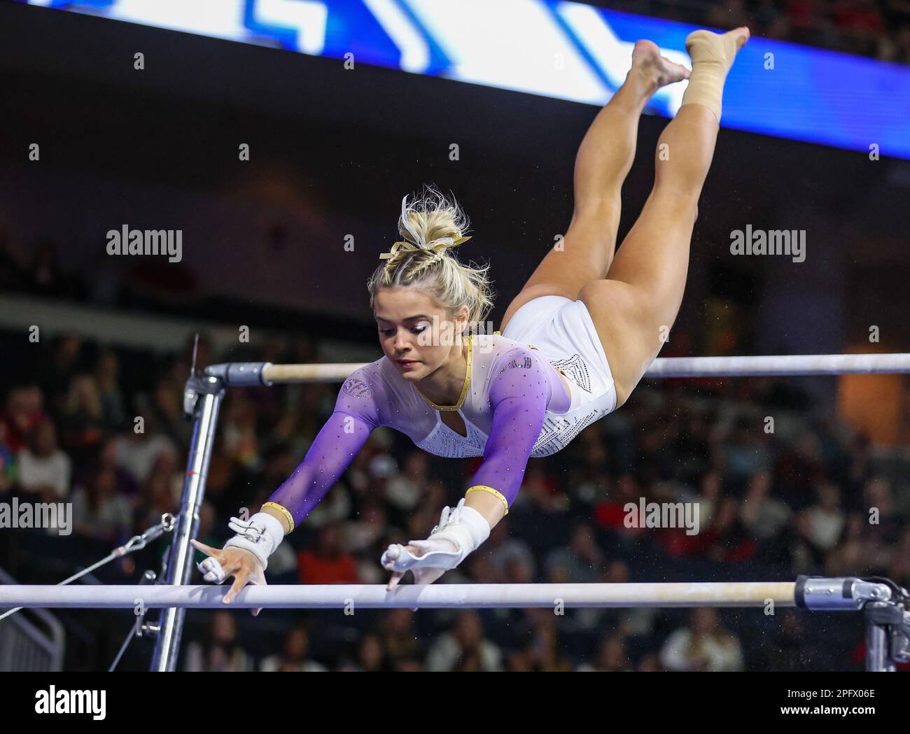 March 18, 2023: LSU's Olivia Dunne practices her bar routine during the ...