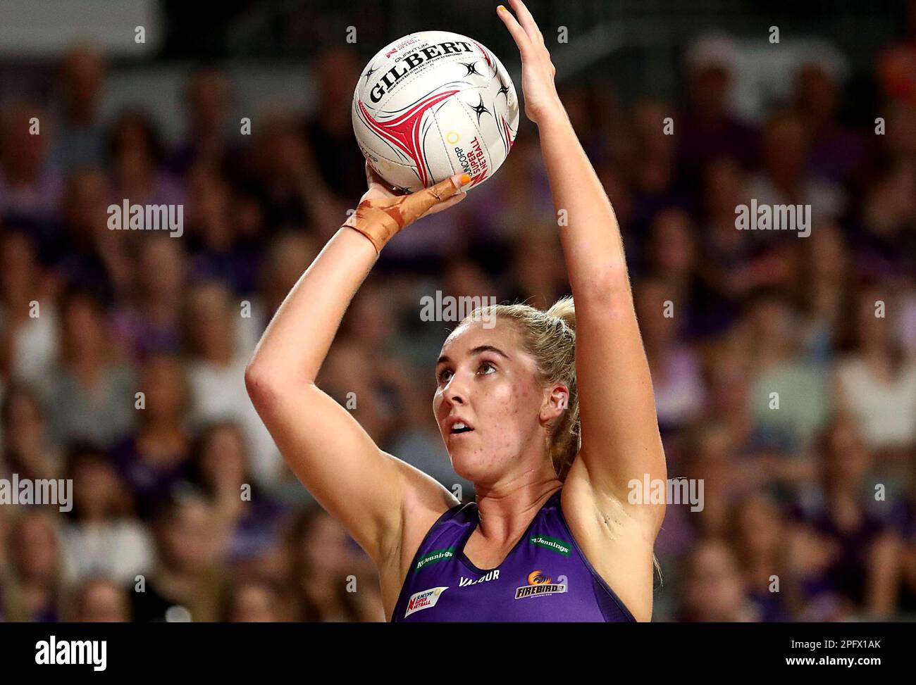 Mia Stower of the Firebirds in action during the Super Netball Round 1 ...