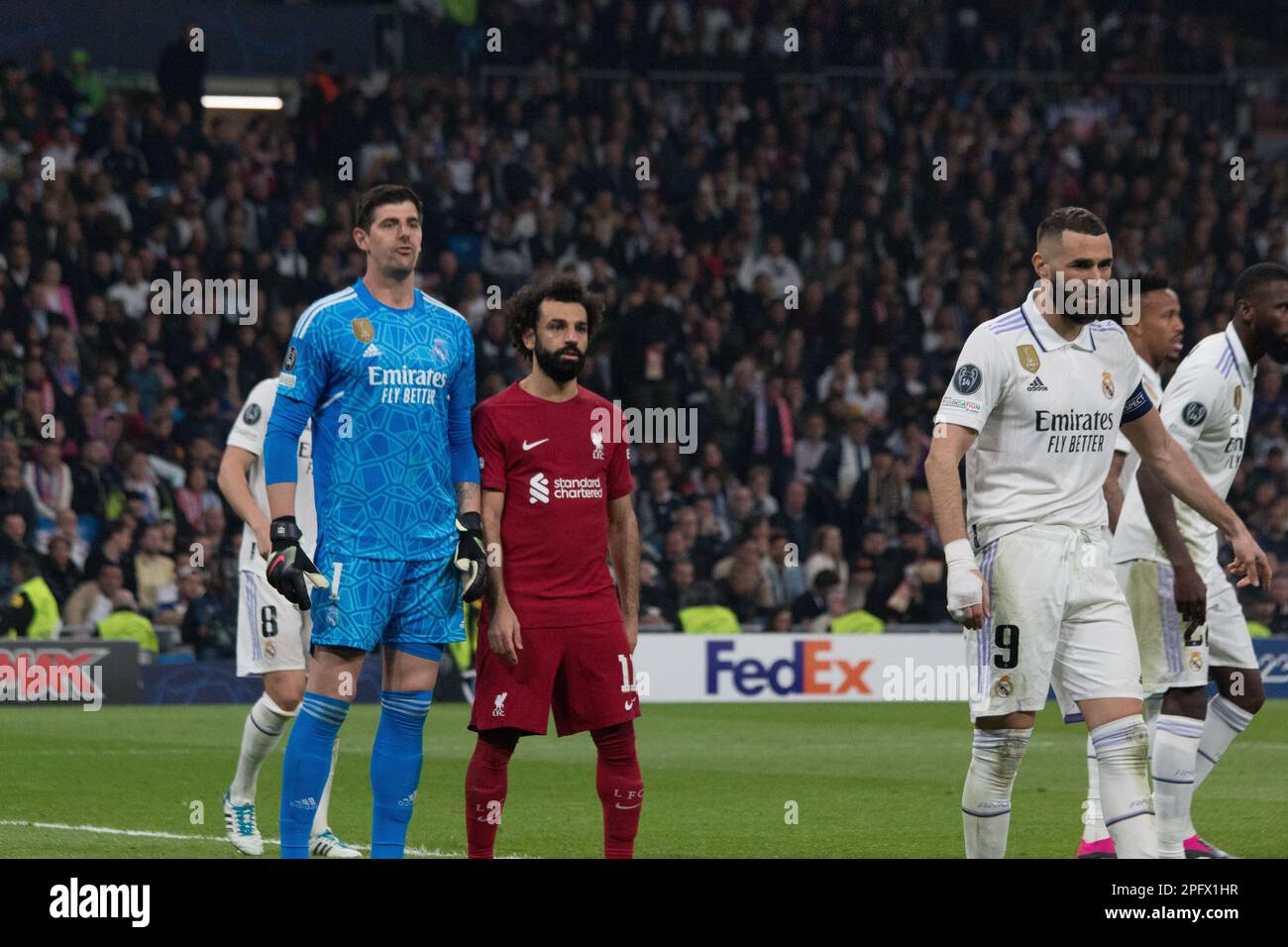 Madrid, Spain. 15th Mar, 2023. Thibaut Courtois (L), Mohamed Salah (C) and Benzema (R).during ...