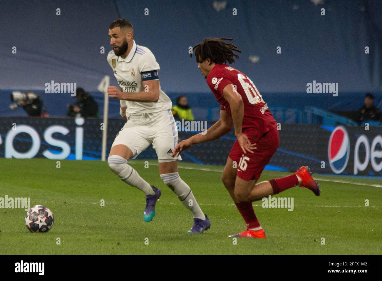Madrid, Spain. 15th Mar, 2023. Karim Benzema (L) and Trent Alexander ...