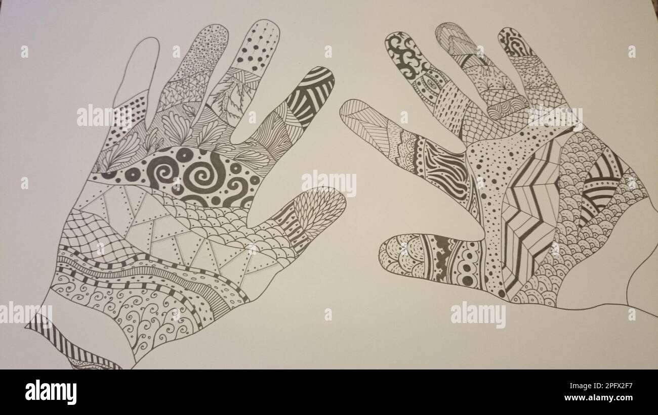 Hands in zentangle glove ink illustration grey background Stock Photo ...