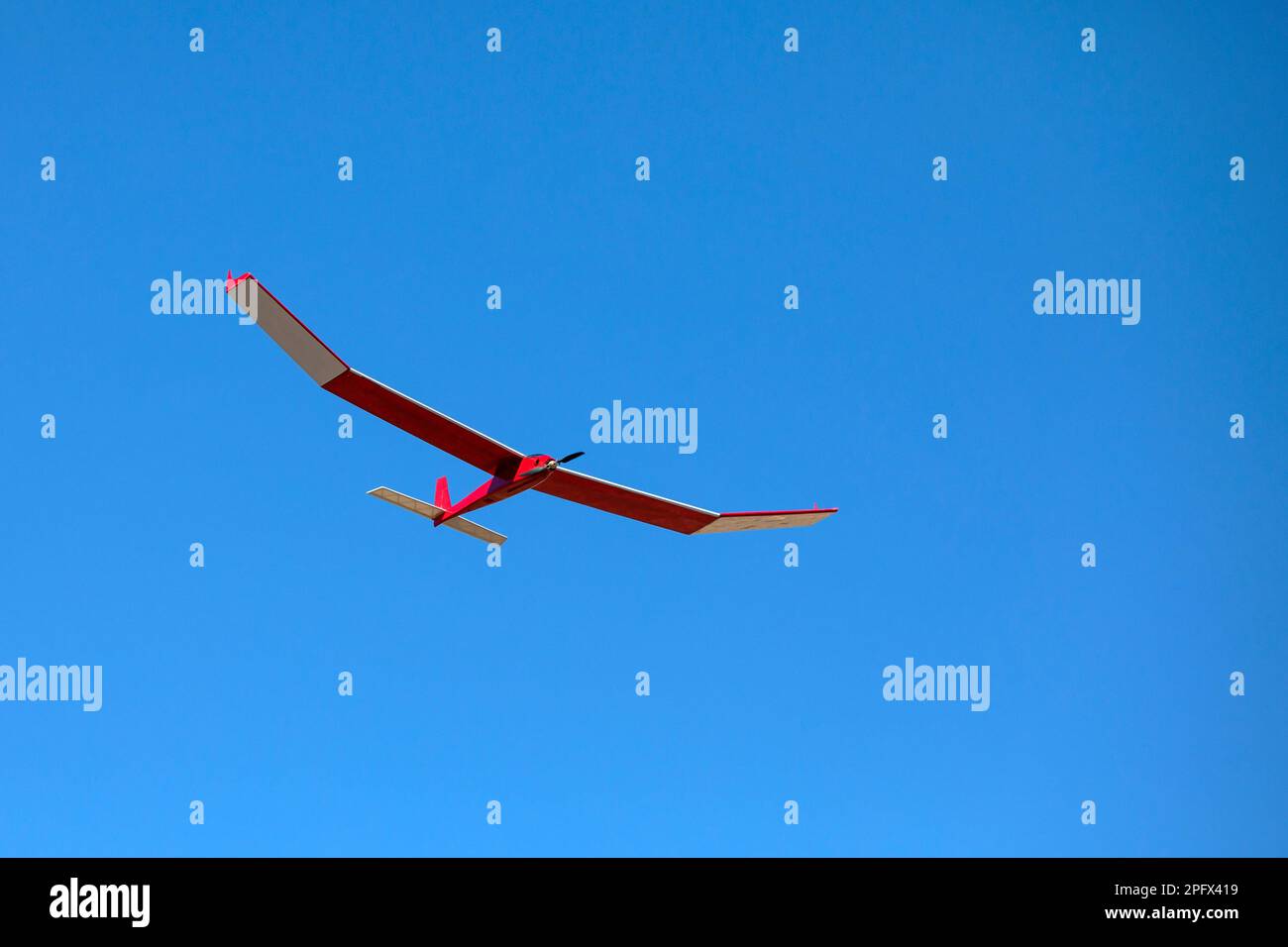 A radio controlled powered model glider soars against a blue sky ...