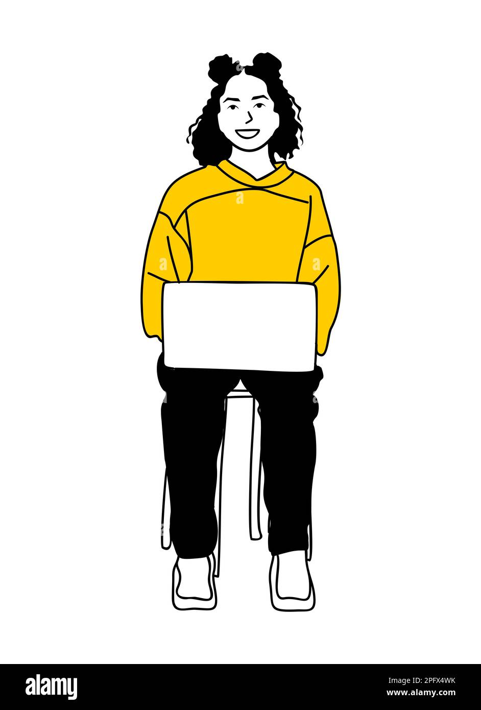 Linear vector drawing of young girl with laptop Stock Vector Image ...