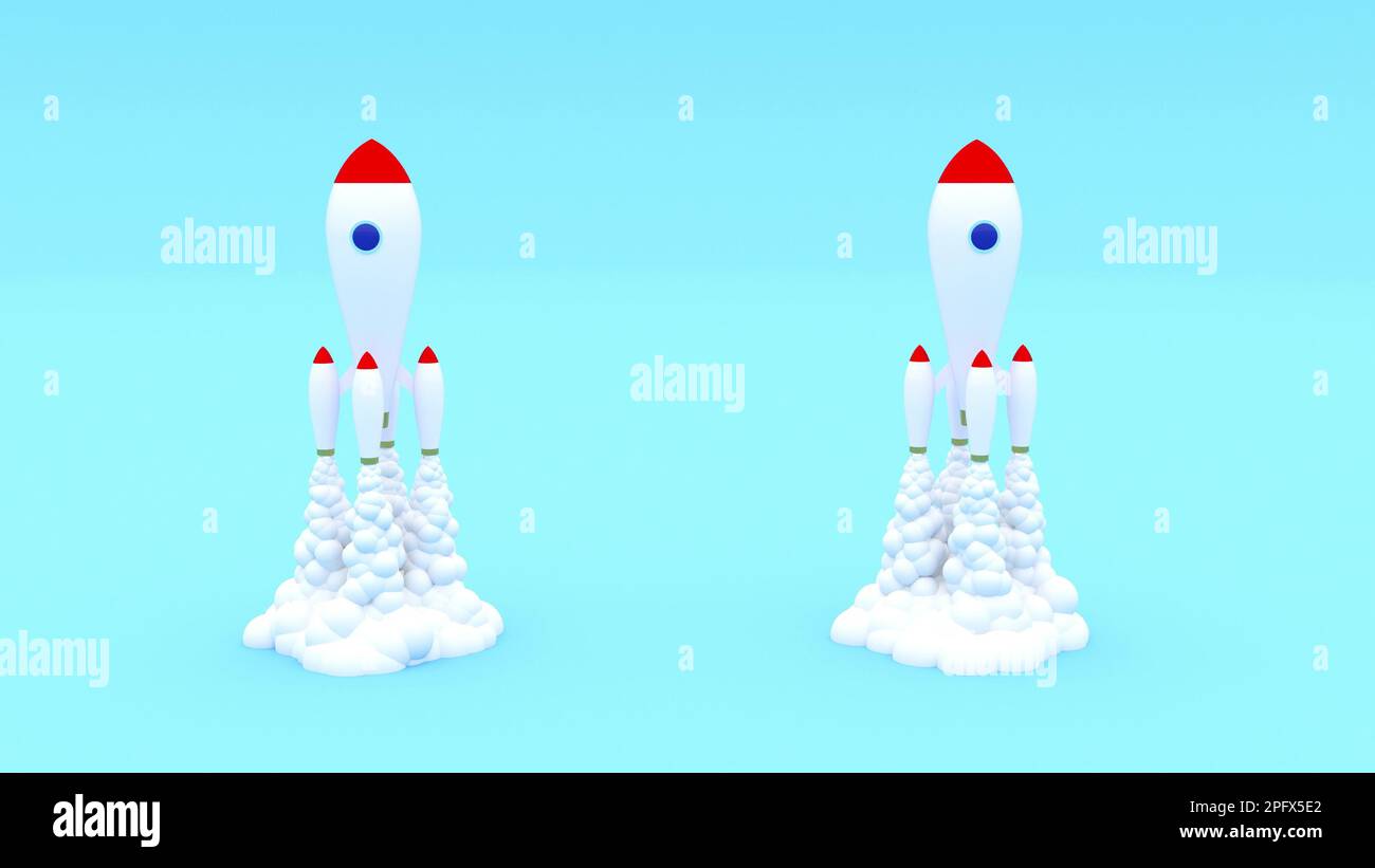 Launch of two space rockets startup concept 3d render Stock Photo - Alamy