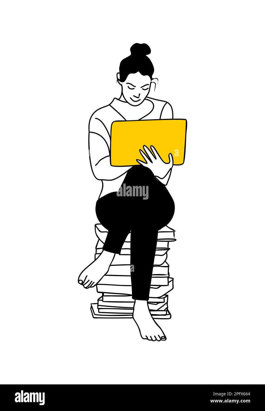 Linear vector drawing of young girl with laptop Stock Vector Image ...