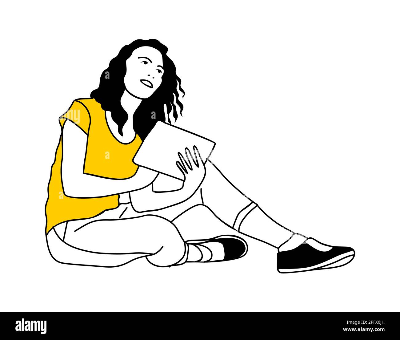 Linear vector illustration of young girl sitting Stock Vector Image ...