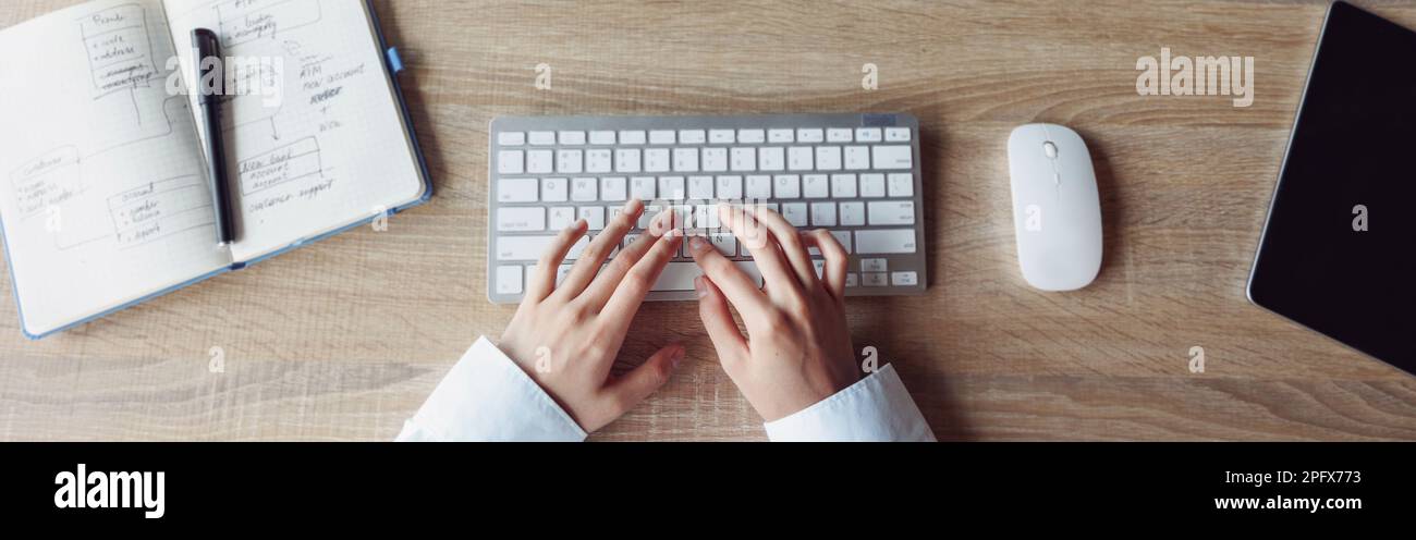 Close up of business woman hands working using keyboard of computer in ...