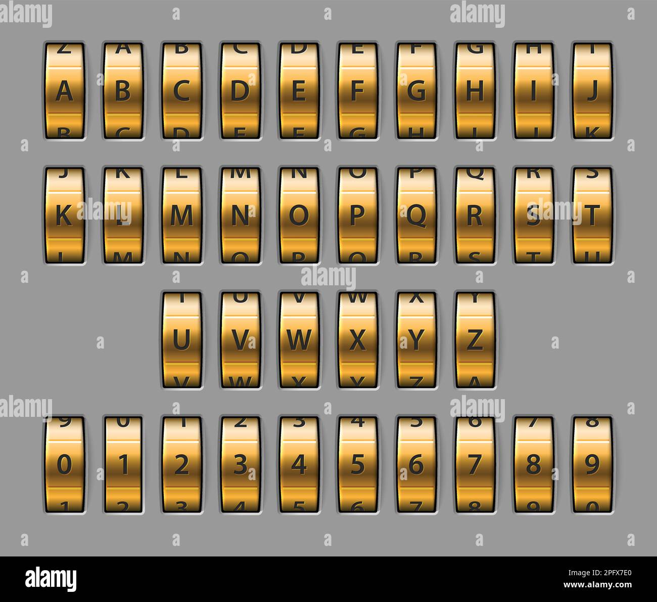 Combination lock font. Realistic gold mechanical code Stock Vector ...
