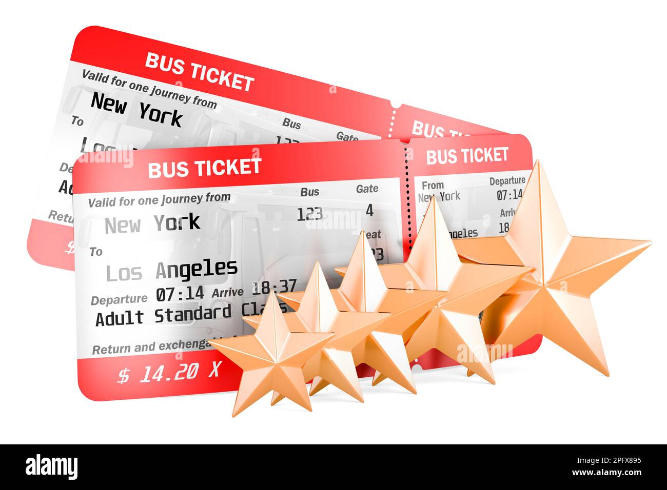 Bus tickets with five golden stars. Customer rating, 3D rendering ...