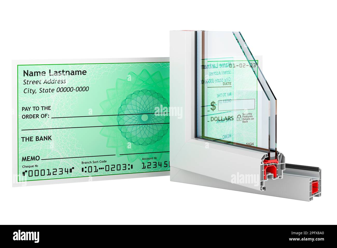 Plastic window profile with blank bank check, 3D rendering isolated on ...