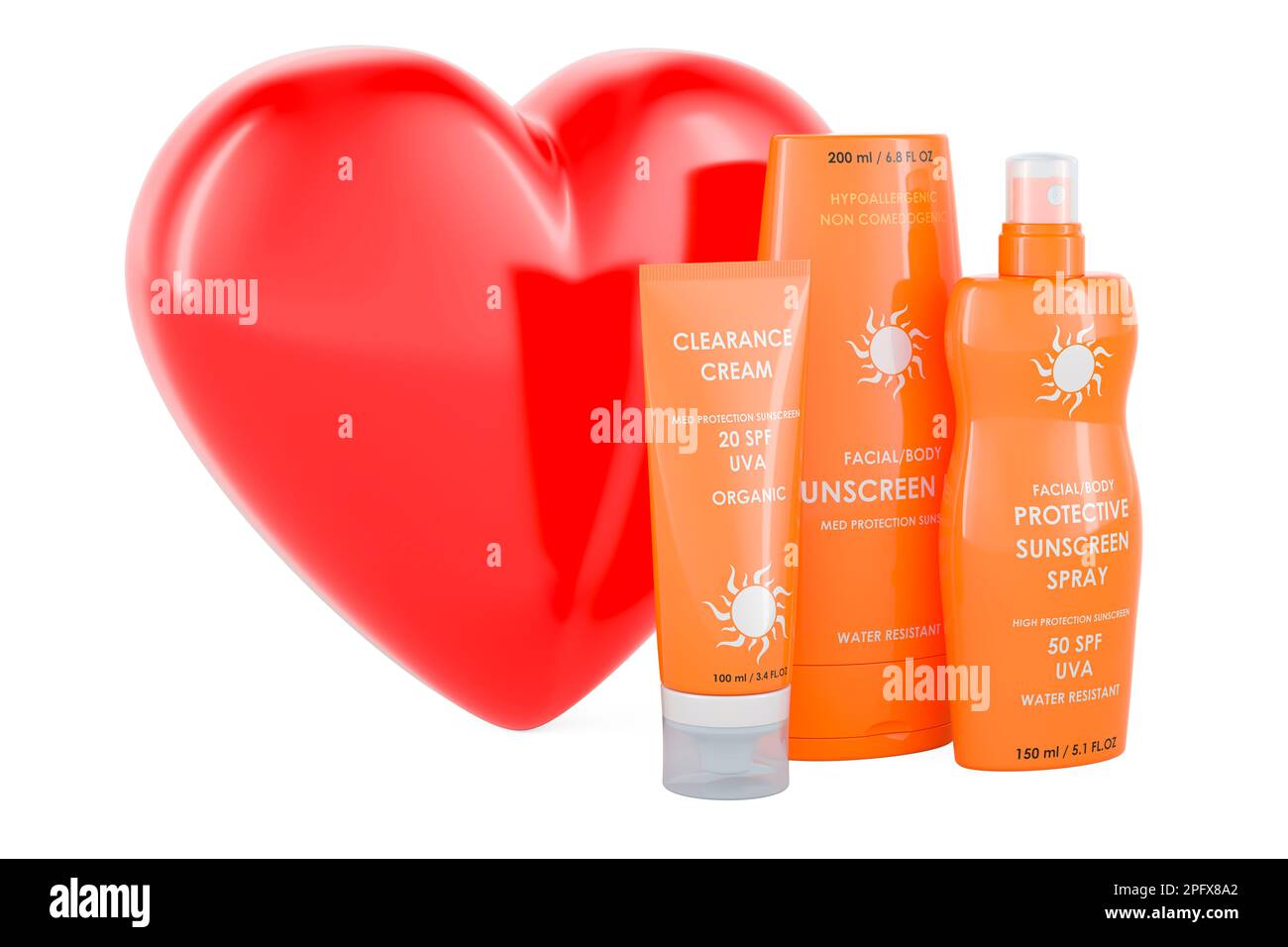 Sunscreen products with red heart, 3D rendering isolated on white ...