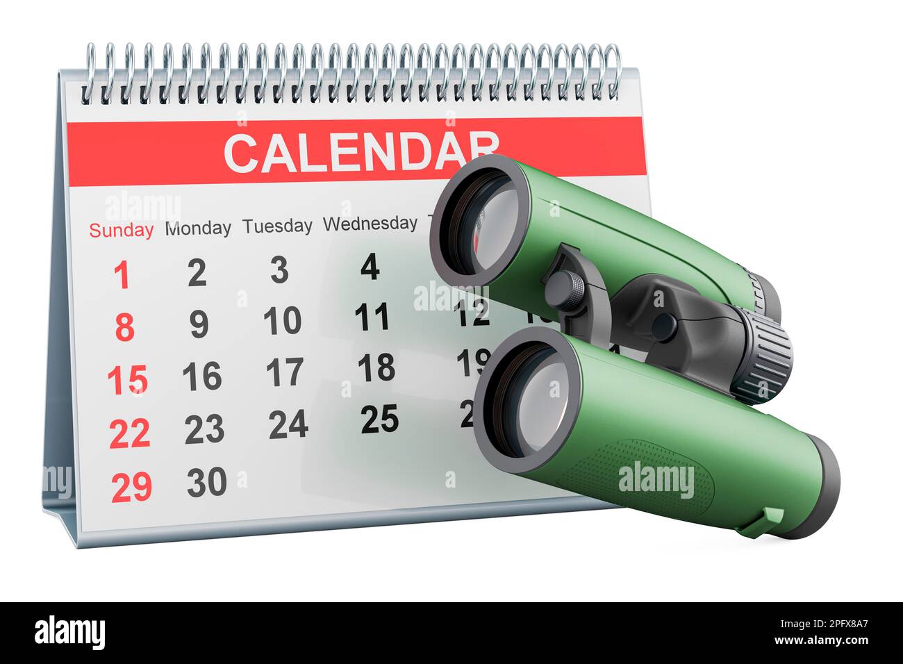Military binocular with desk calendar, 3D rendering isolated on white ...