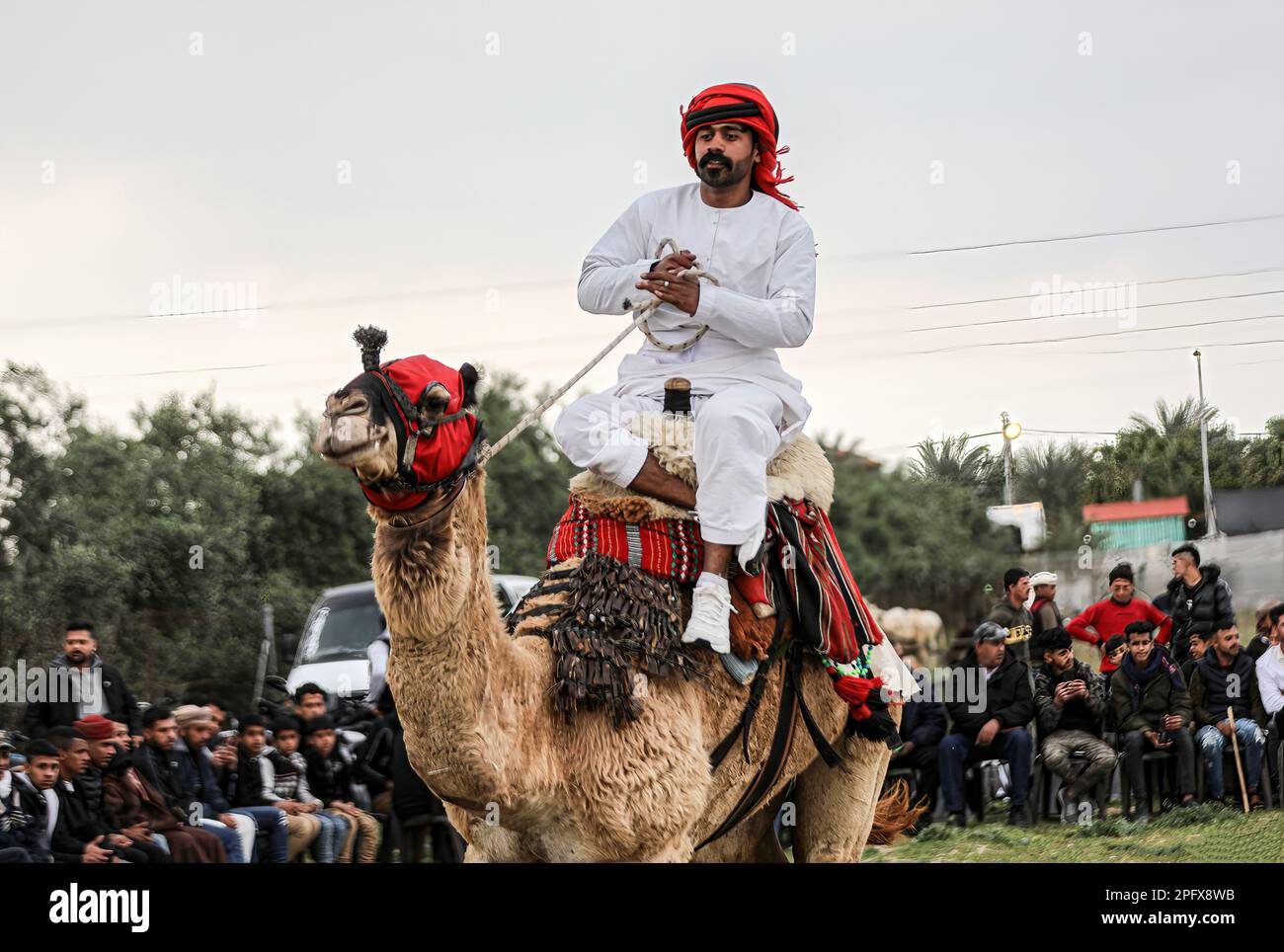 Gaza, Palestine. 18th Mar, 2023. A Palestinian man rides a camel during ...