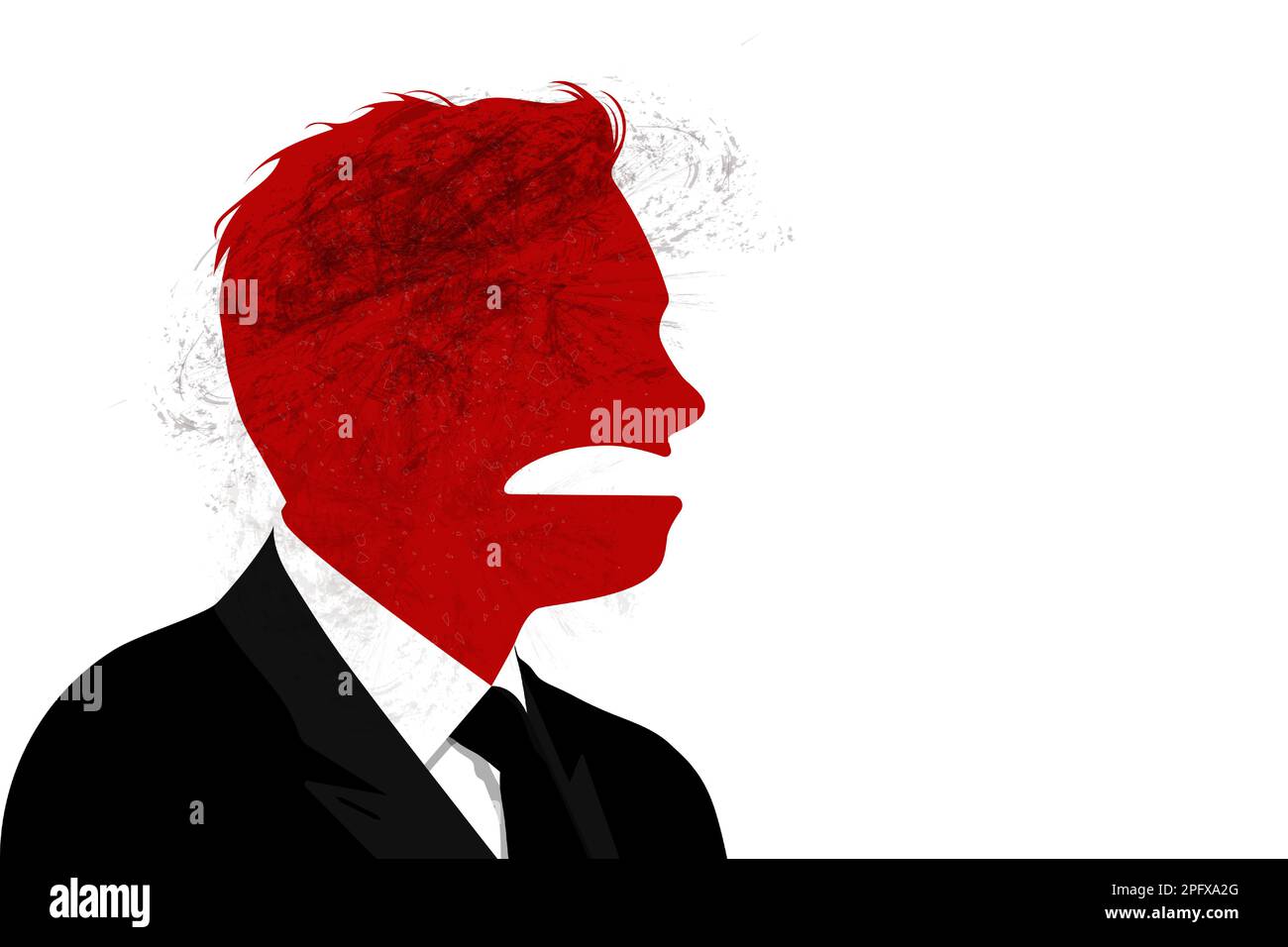Head of a business man with an exploding brain. Stressed man with red ...