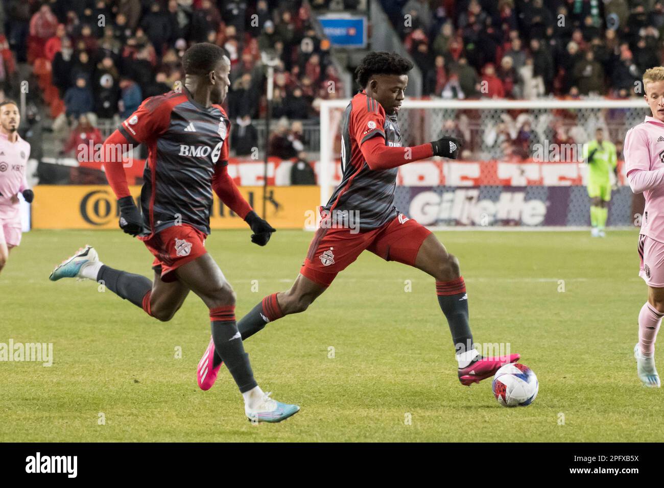 Toronto, Canada. 18th Mar, 2023. Deandre Kerr #29 (R) and Richie Laryea ...