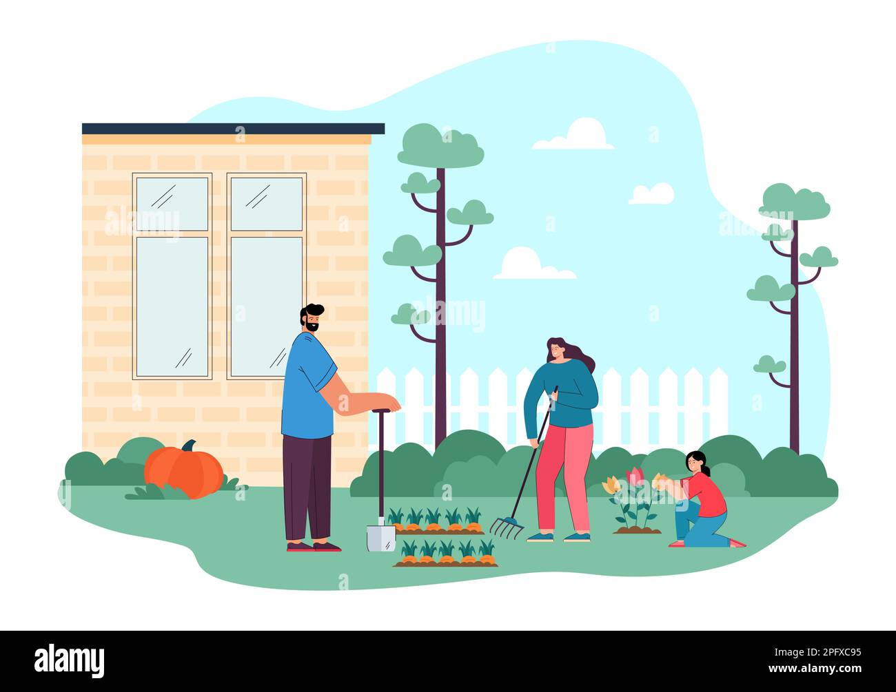 Family caring for plants in garden flat vector illustration Stock ...