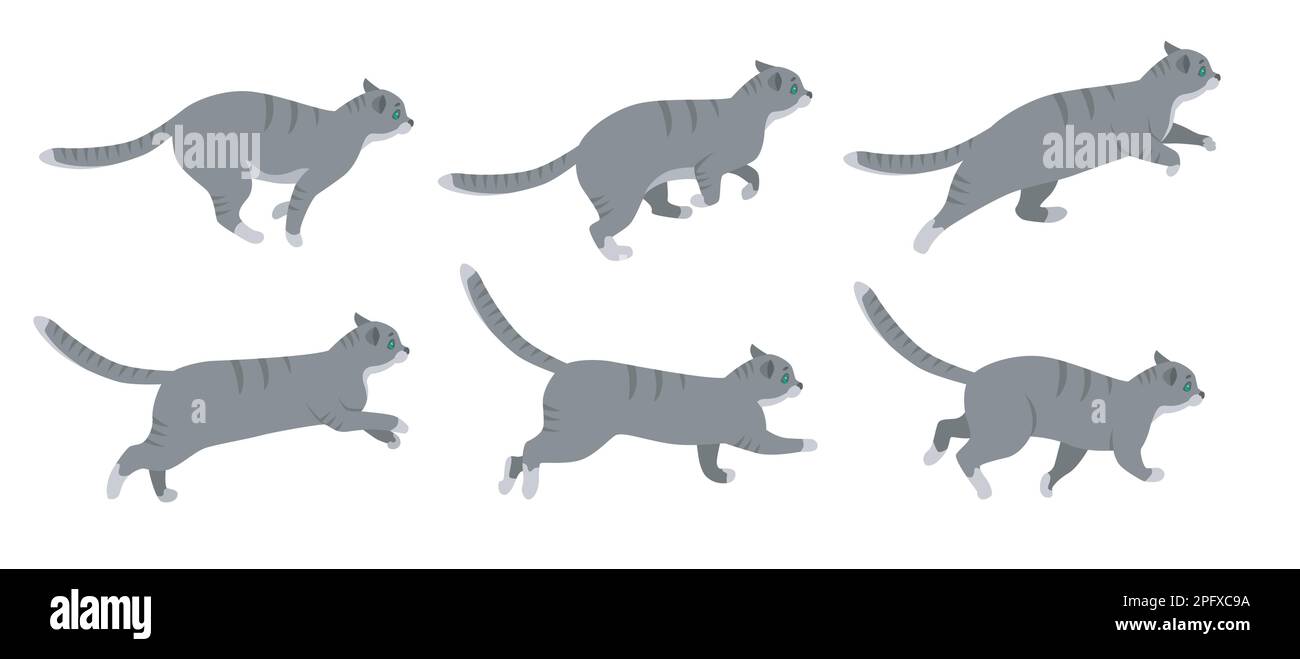 Cute cat cartoon character running vector illustrations set Stock ...