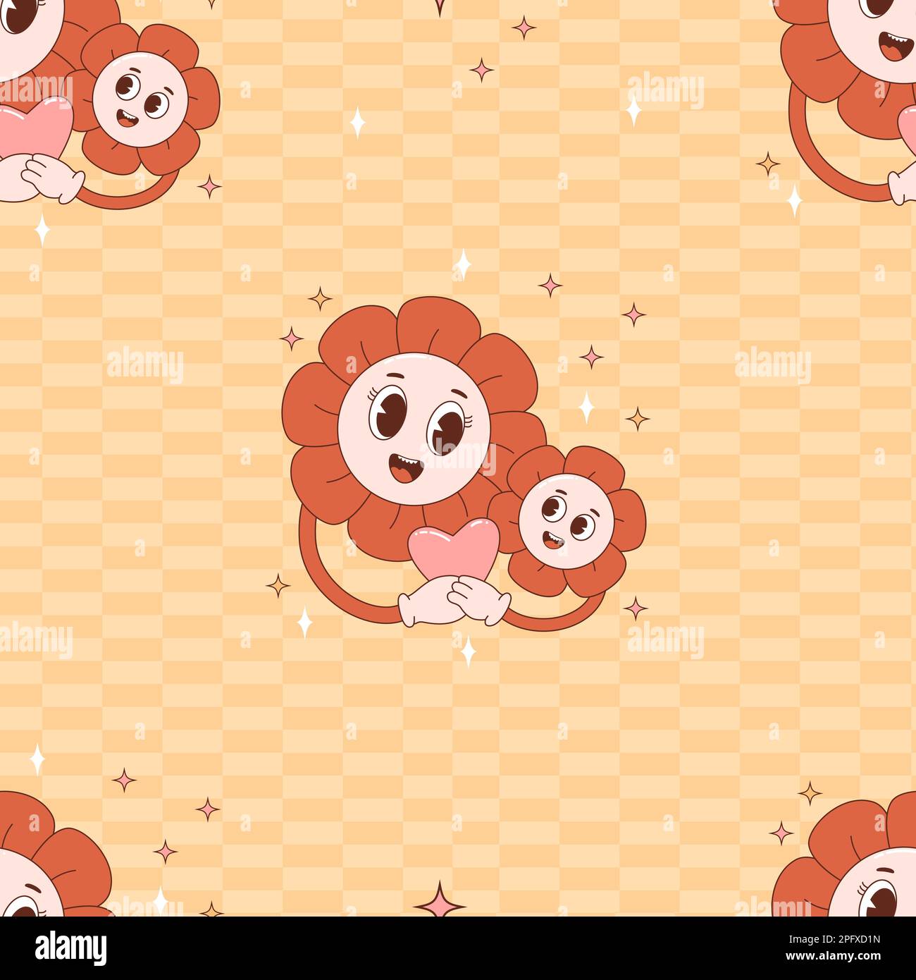 Retro seamless pattern with Groovy Daisy Flower. Cartoon groovy ...