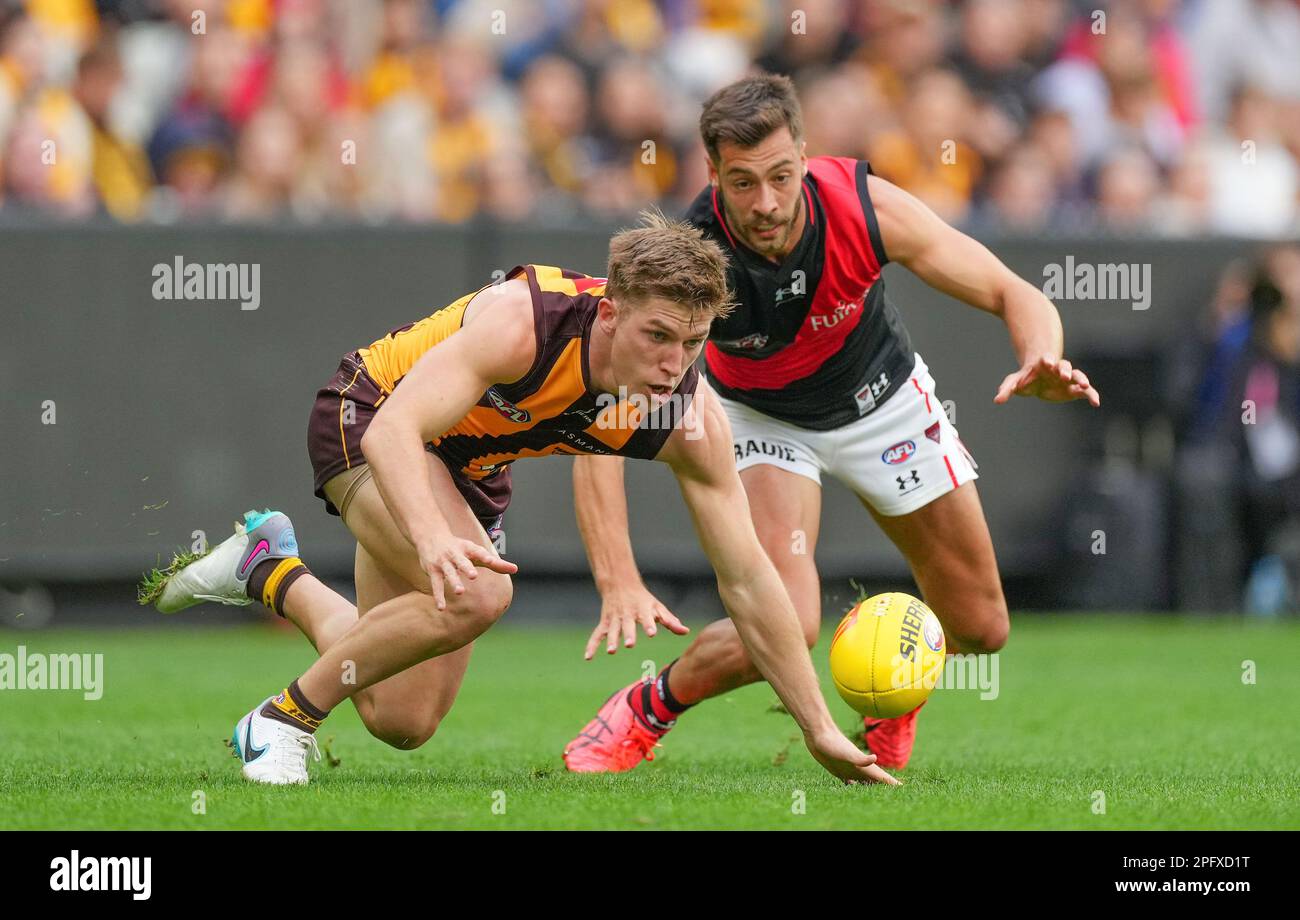Dylan Moore of the Hawks competes for the ball during the AFL Round 1 ...