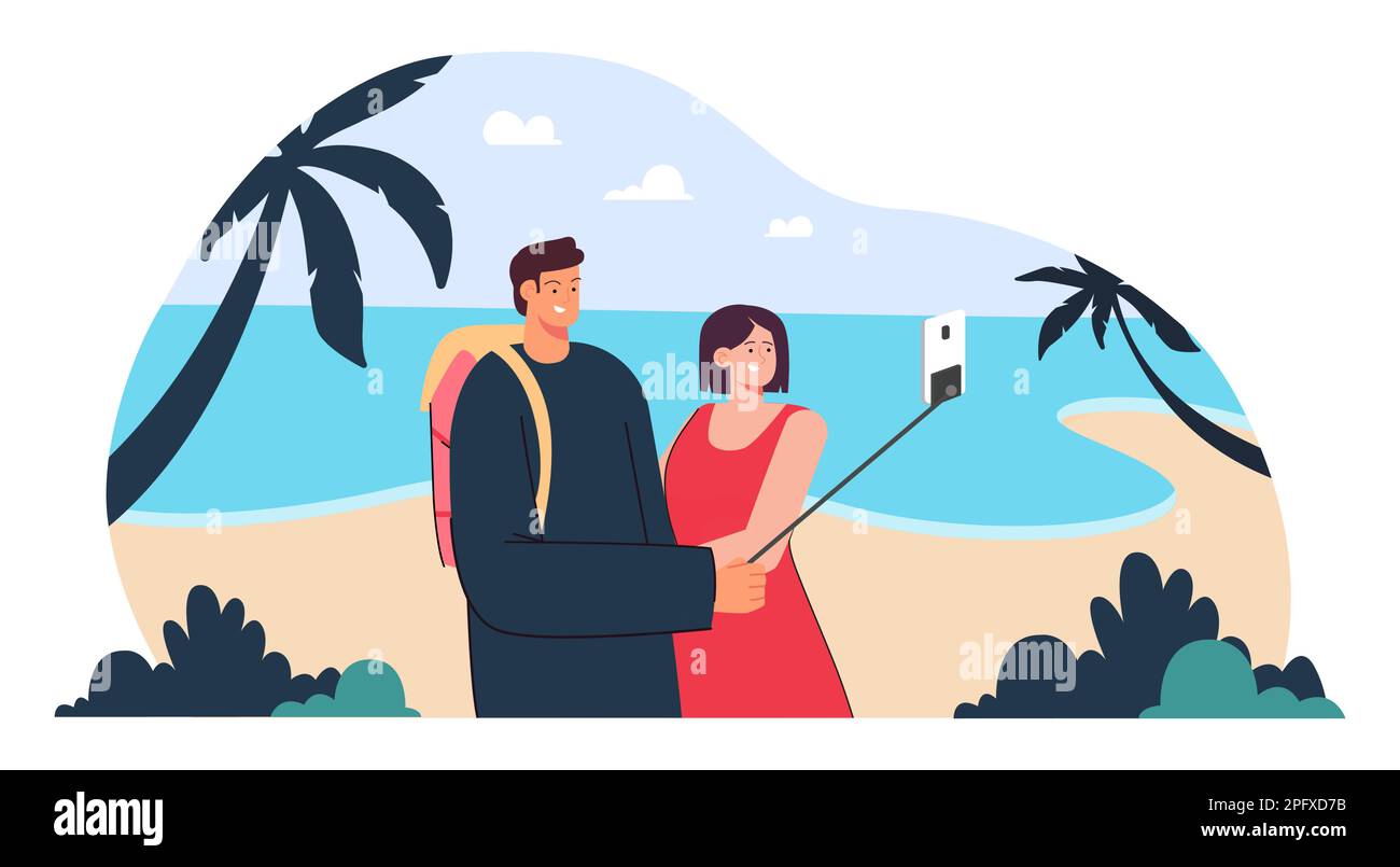 Couple Taking Selfie While Travelling Flat Vector Illustration Stock