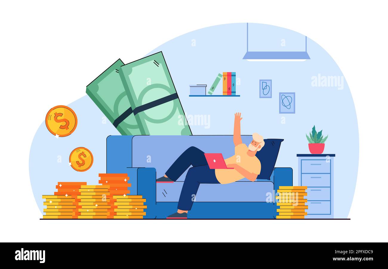 Freelancer with laptop and stacks of huge coins Stock Vector Image ...