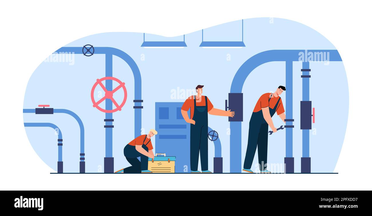 Team of plumbers with tool box in boiler room Stock Vector Image & Art ...