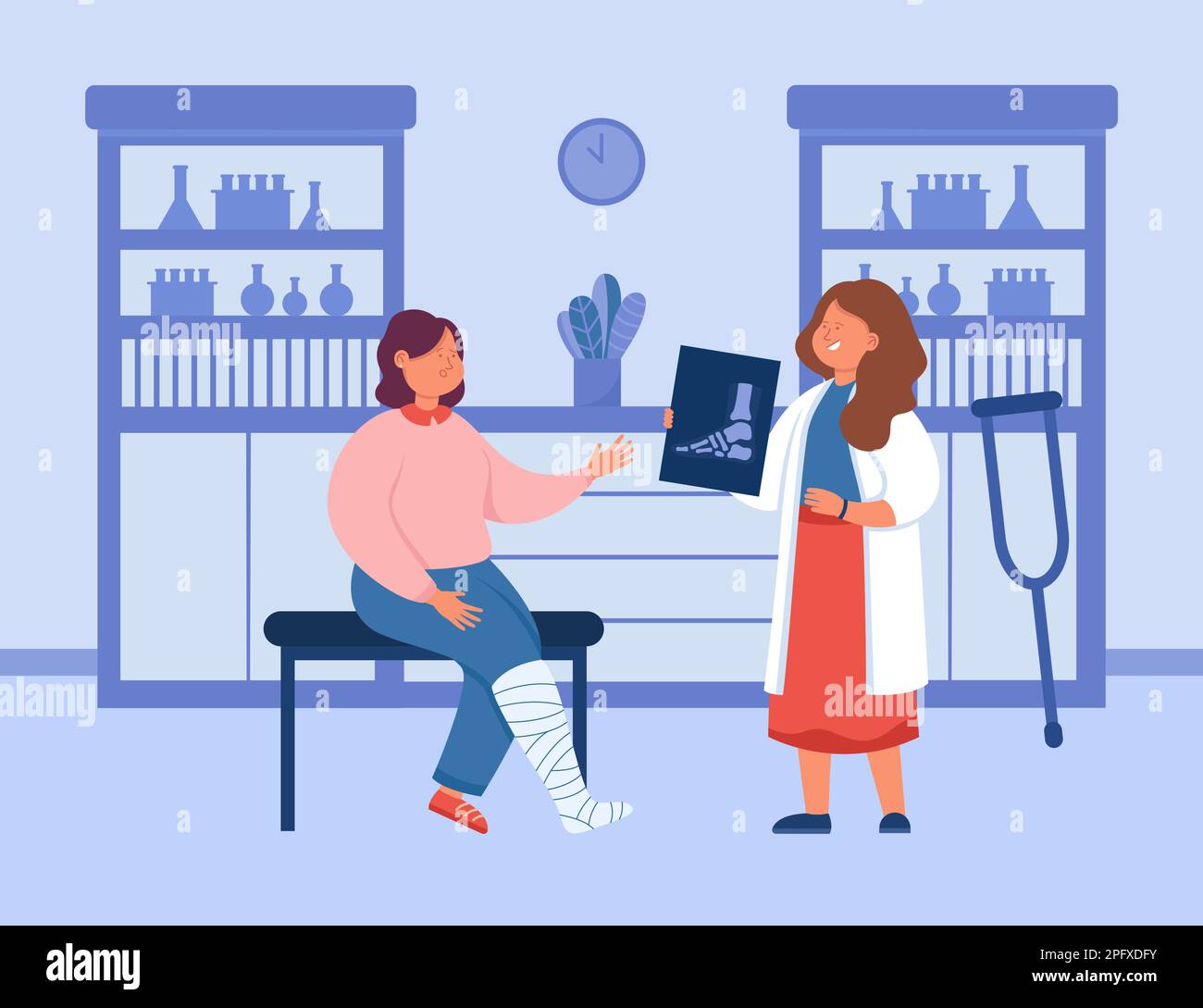 Girl with leg cast visiting doctor flat vector illustration Stock ...