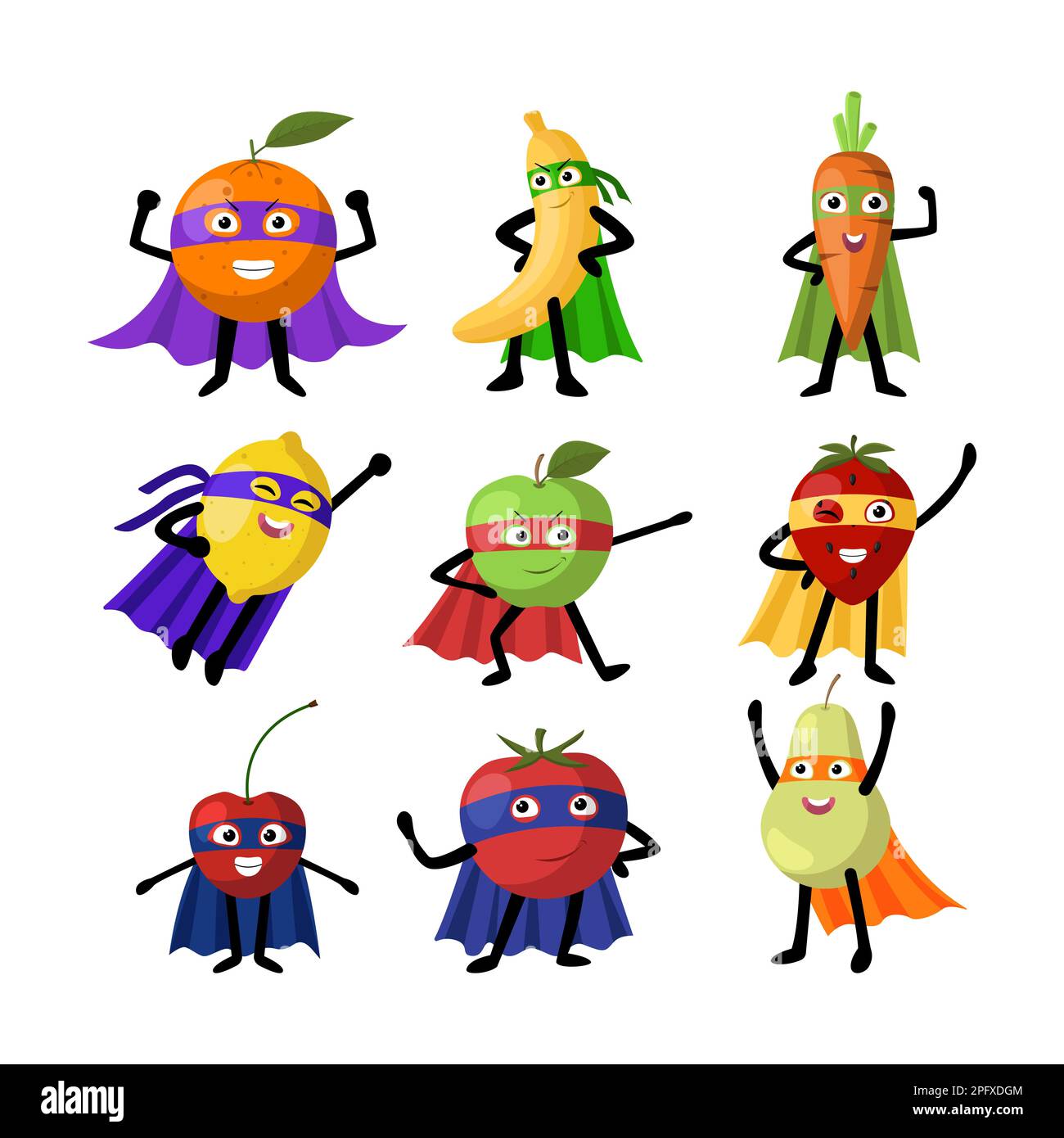 Cute superhero fruits characters cartoon illustration set Stock Vector ...