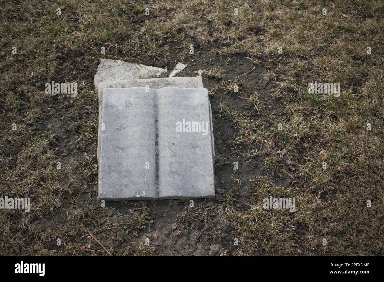 An open book carved into natural stone and a blank epitaph with room ...