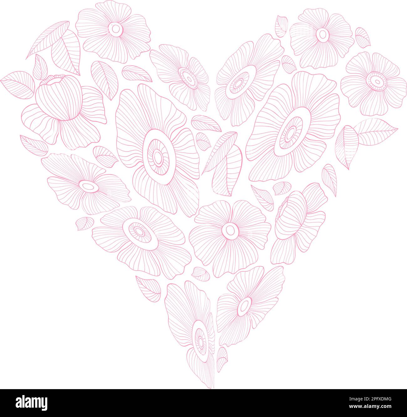 Floral heart. Pattern of pink linear groovy daisy flower on transparent ...