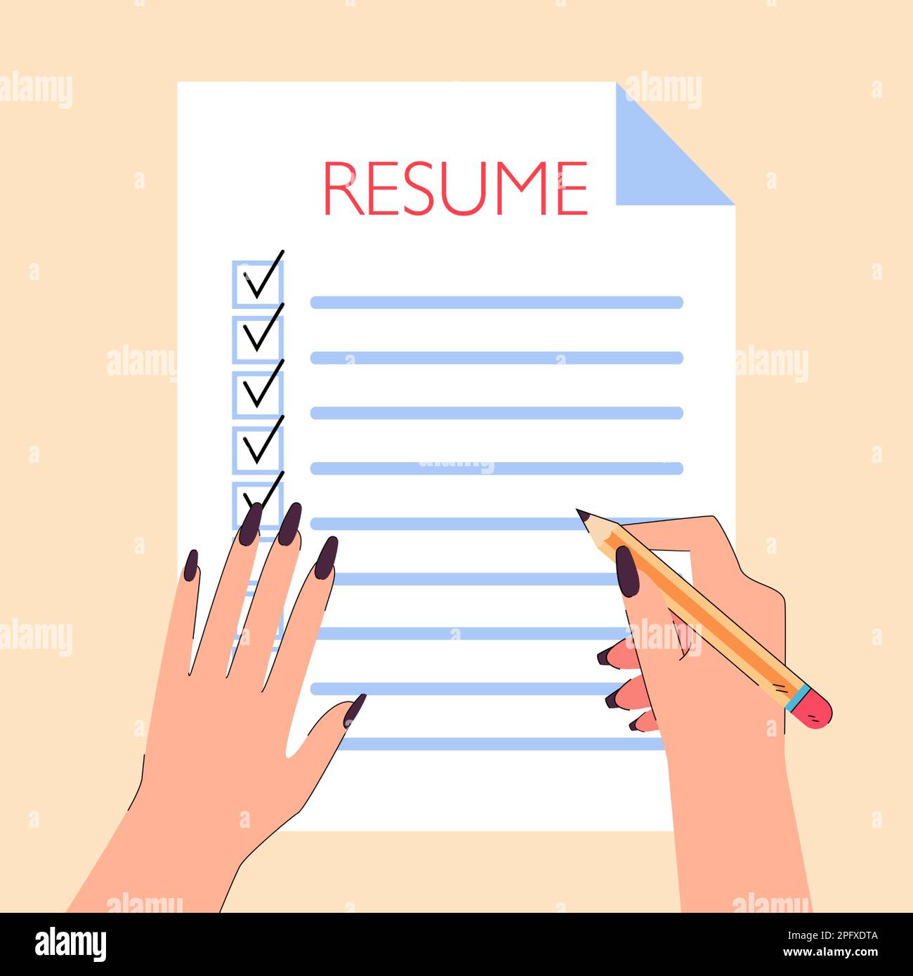 Hands of woman writing resume paper checklist with pencil Stock Vector ...