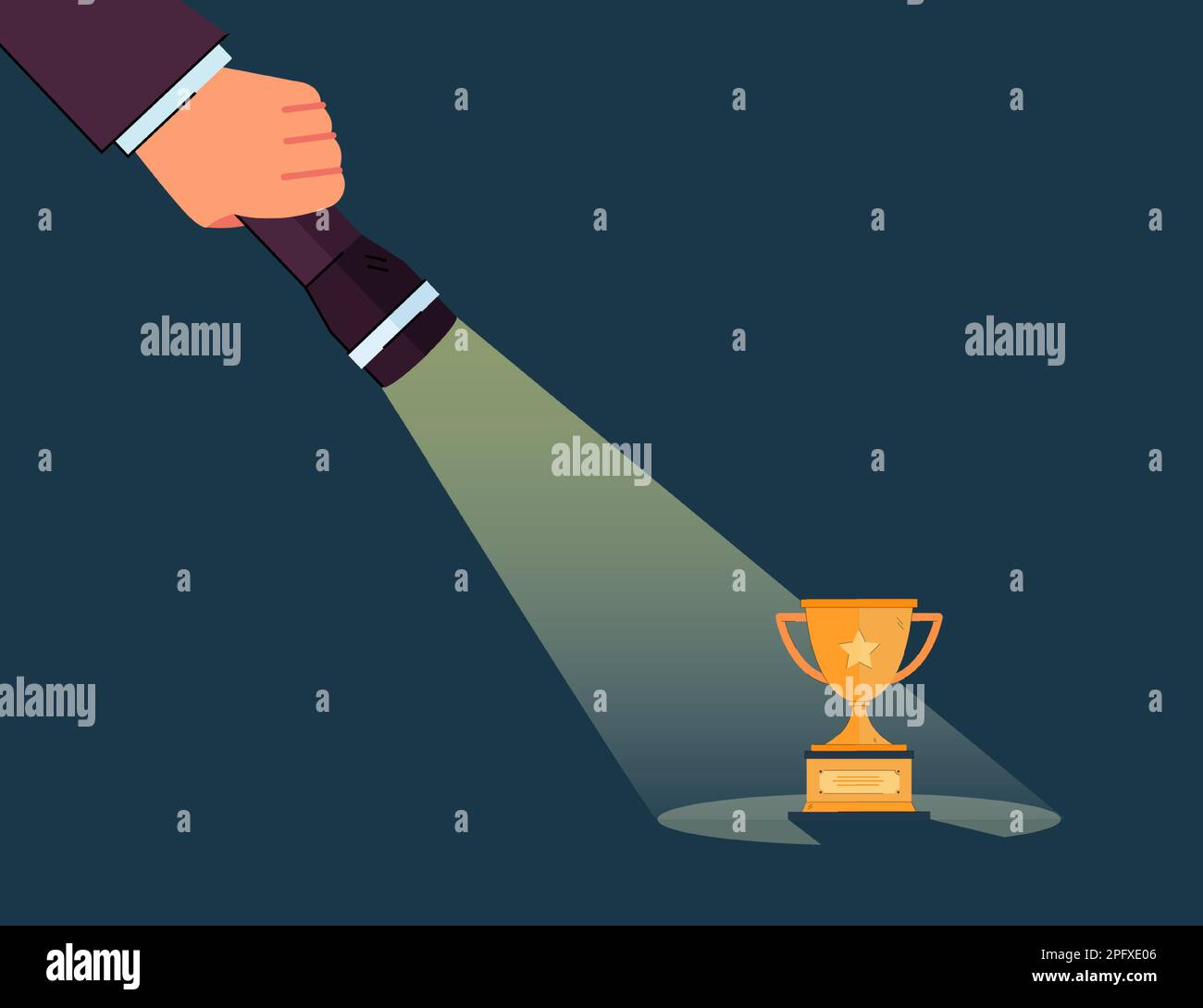 Hand of manager or employee with flashlight showing gold cup Stock ...