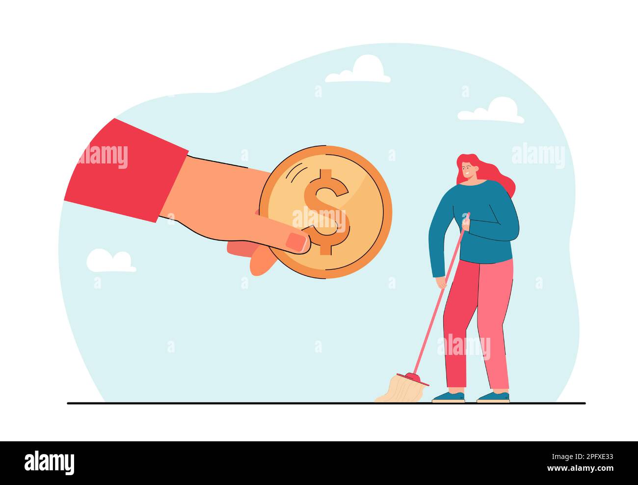 Huge hand giving coin to cleaning lady flat vector illustration Stock ...