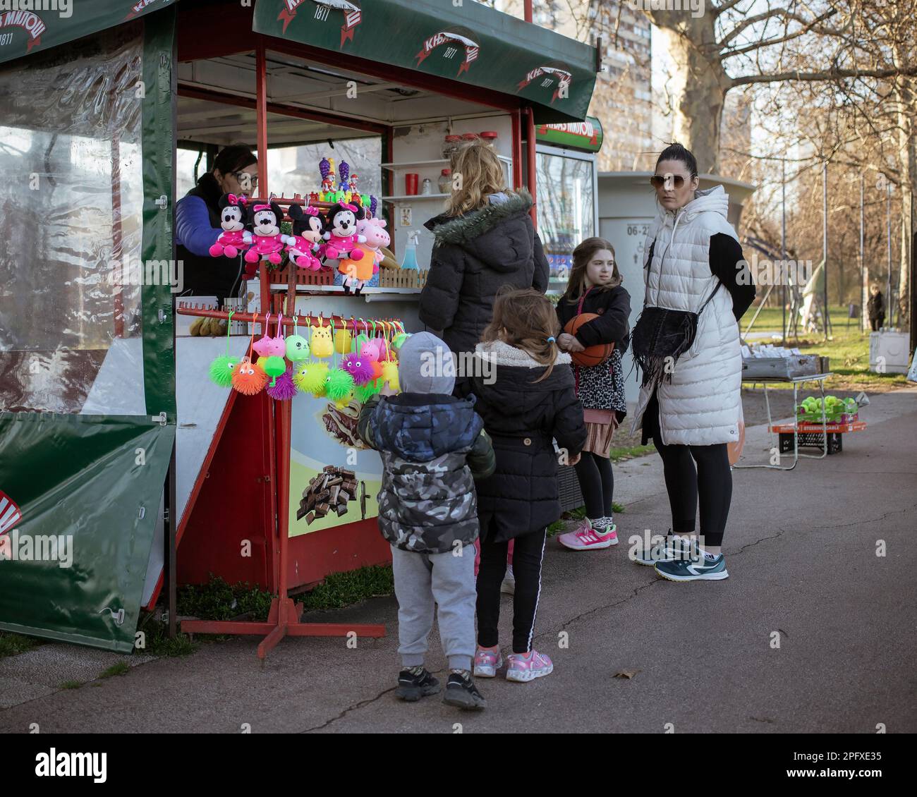 Belgrade, Serbia, Mar 18, 2023: Mothers and children in front of the ...