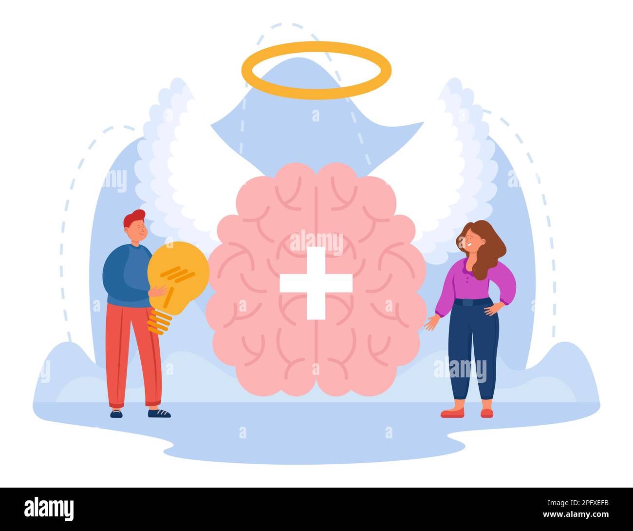 People next to brain with angel wings flat vector illustration Stock ...