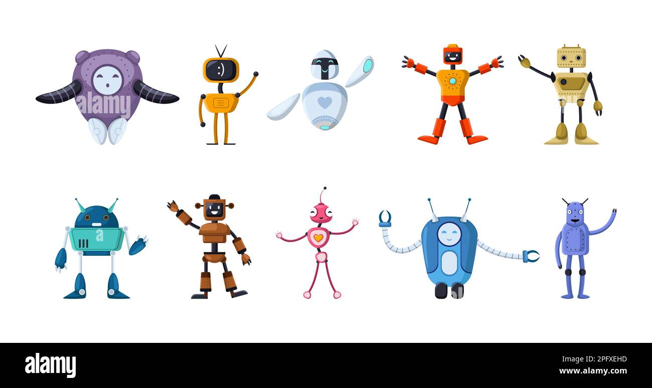 Happy toy robot cartoon characters flat vector illustrations set Stock ...