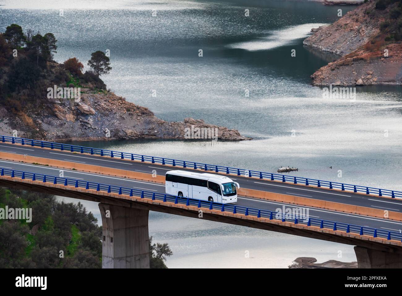 Passenger bus circulating on a viaduct over a swamp Stock Photo - Alamy