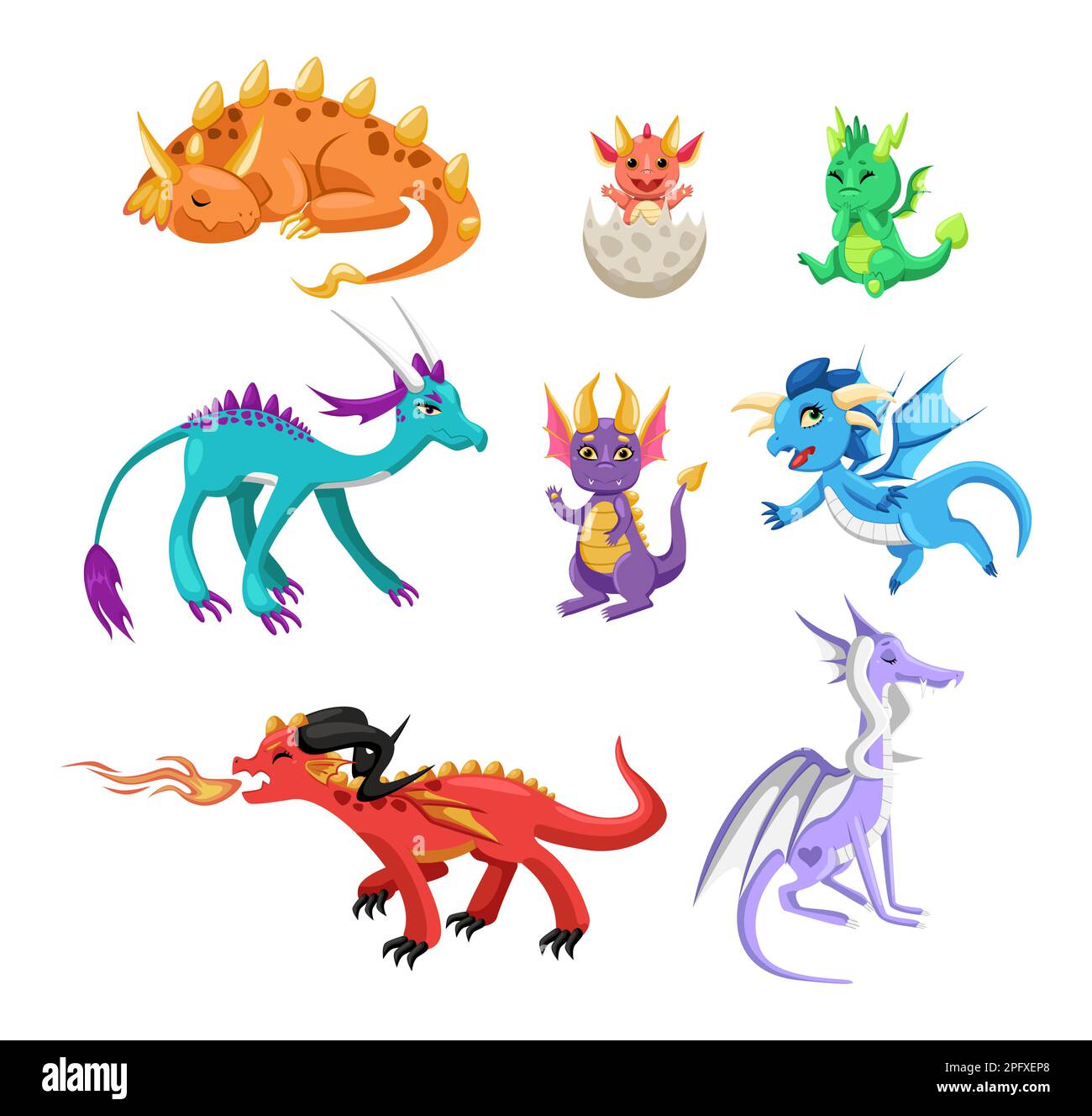 Cute colorful baby dragons and dinosaur cartoon illustration set Stock ...