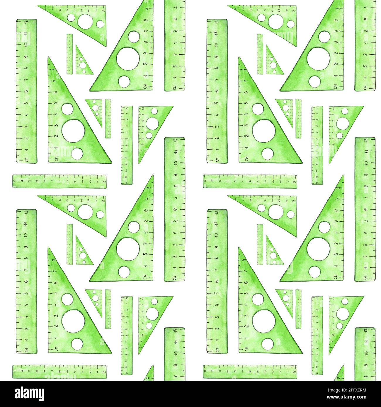 Watercolor illustration pattern of green plastic measuring rulers. Draw ...