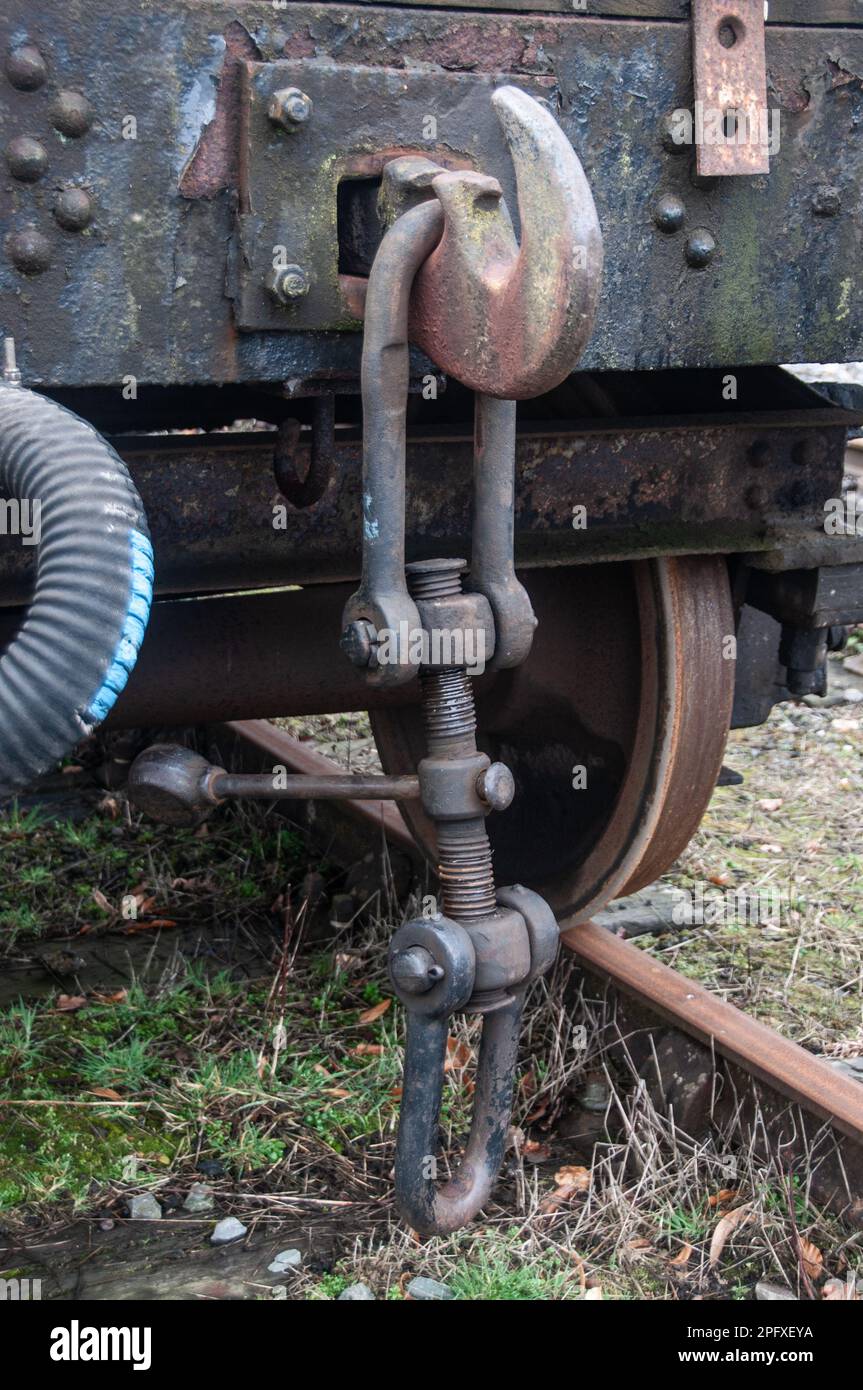 Around the UK - A close up view of a railway freight wagon coupling ...
