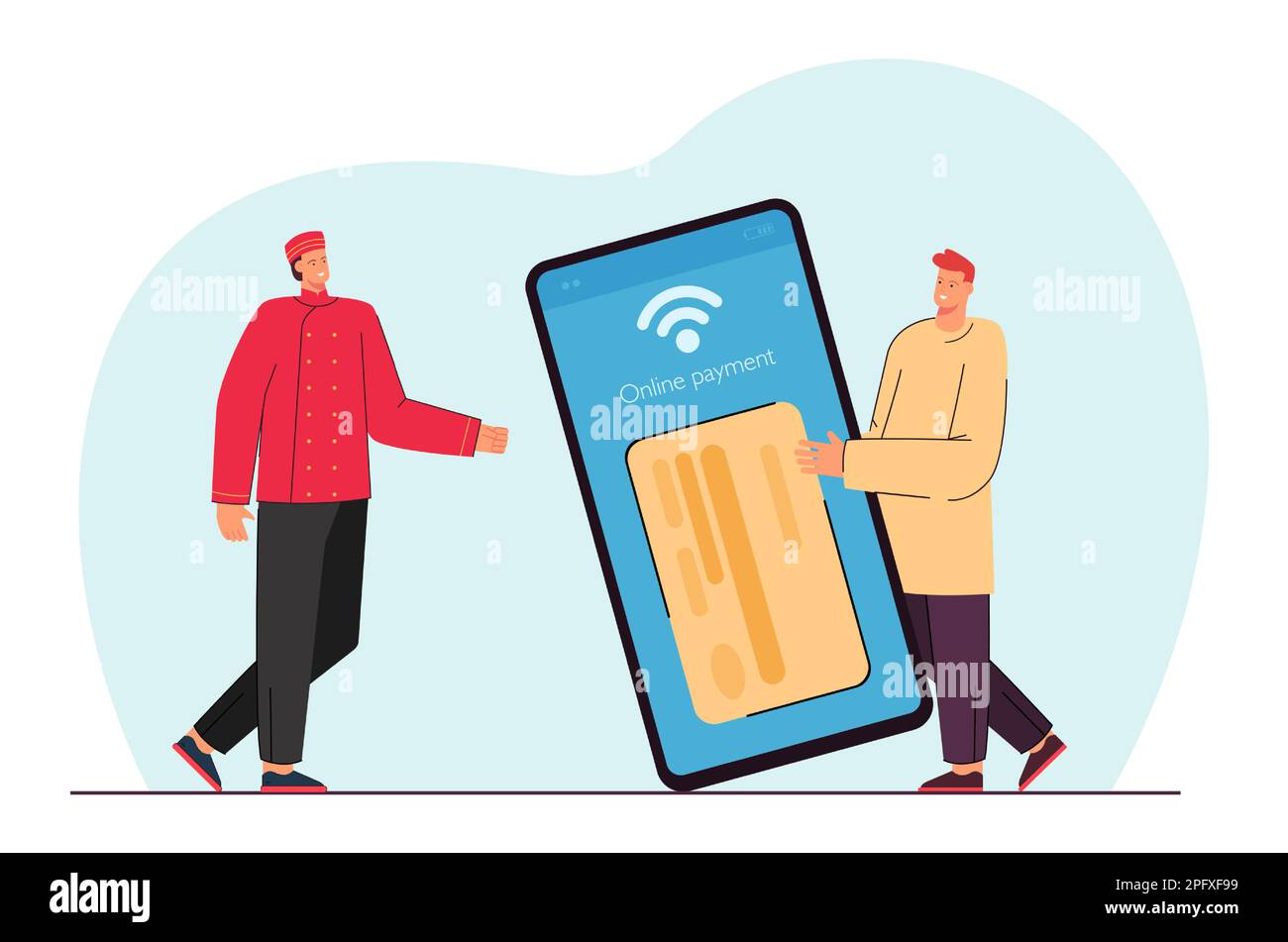 Tiny guest paying to bellman via mobile phone app Stock Vector Image ...