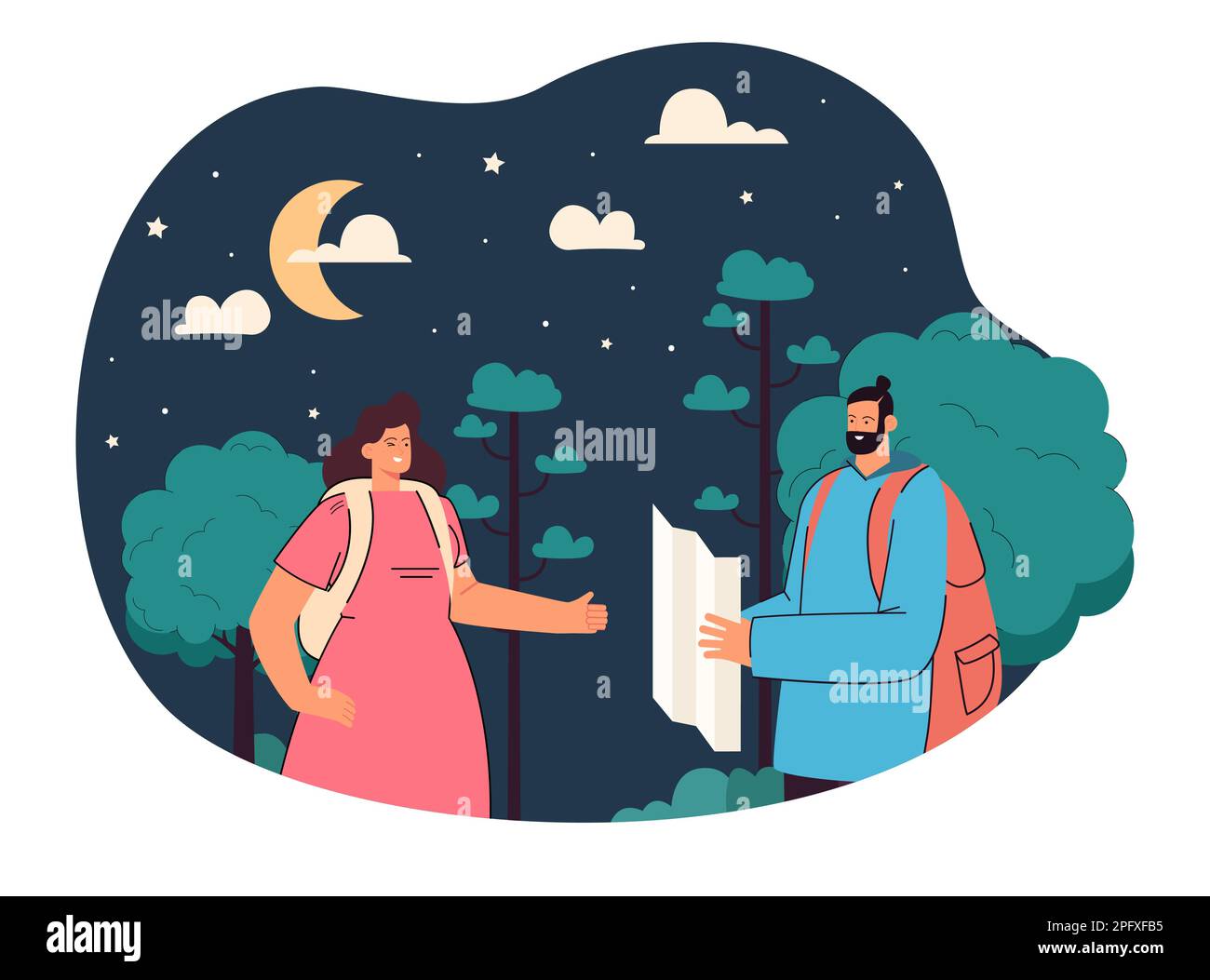 Tourists using map in night forest flat vector illustration Stock ...