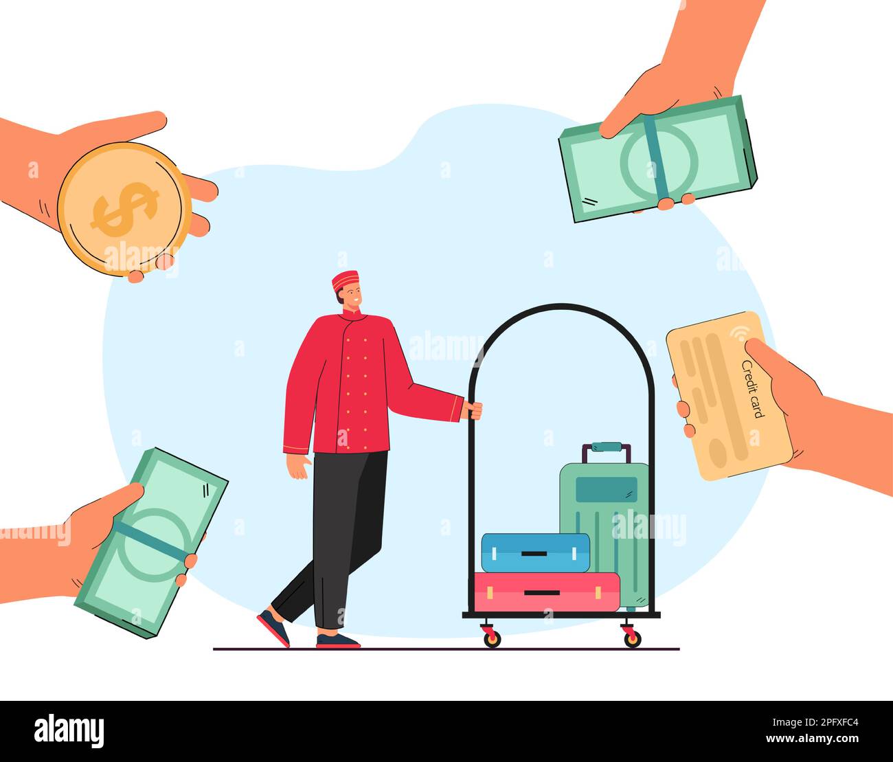 Hands of tourists giving money to bellboy in hotel uniform Stock Vector ...