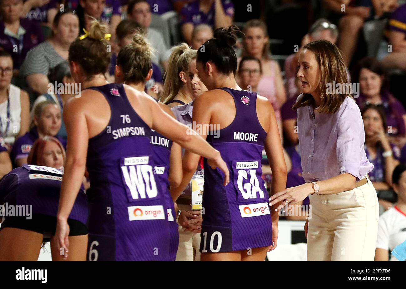 Firebirds coach Bec Bulley talks to her players during the Super ...