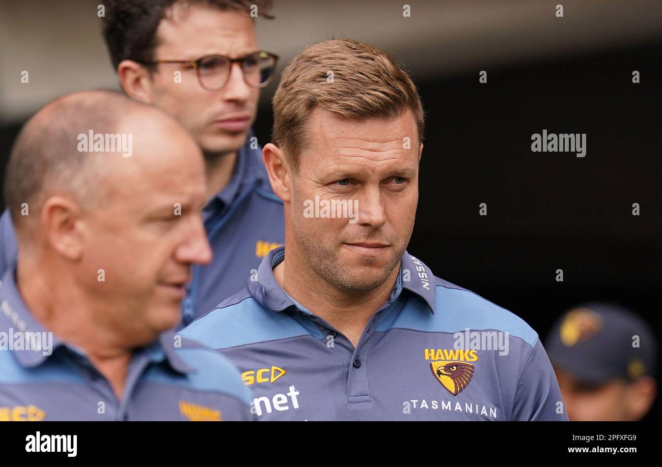 Sam Mitchell, coach of the Hawks looks on during the AFL Round 1 match ...